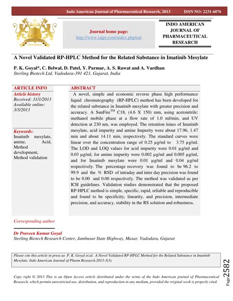 Pdf A Novel Validated Rp Hplc Method For The Related Substance In Imatinib Mesylate