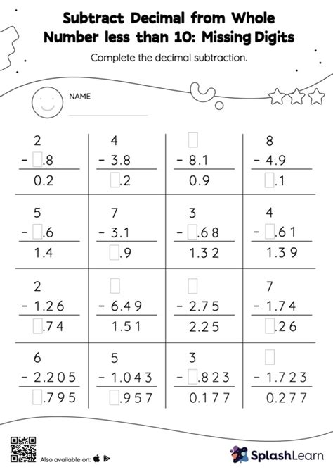 subtract decimal from whole number less than 10 missing digits