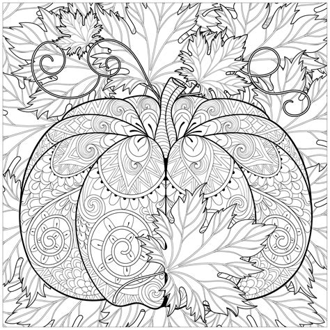 Decorated Pumpkin With Autumn Leaves Halloween Adult Coloring Pages