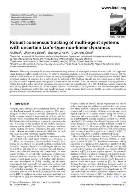 Pdf Robust Consensus Tracking Of Multi Agent Systems With Uncertain Lure Type Non Linear Dynamics