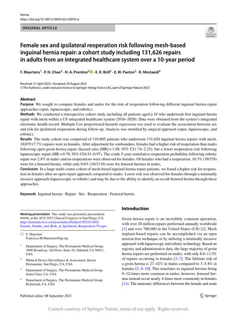 Female Sex And Ipsilateral Reoperation Risk Following Mesh Based Inguinal Hernia Repair A
