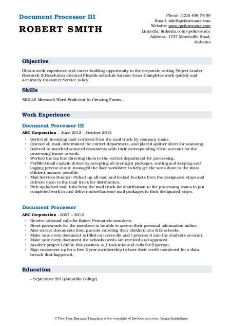 Document Processor Resume Samples Templates For