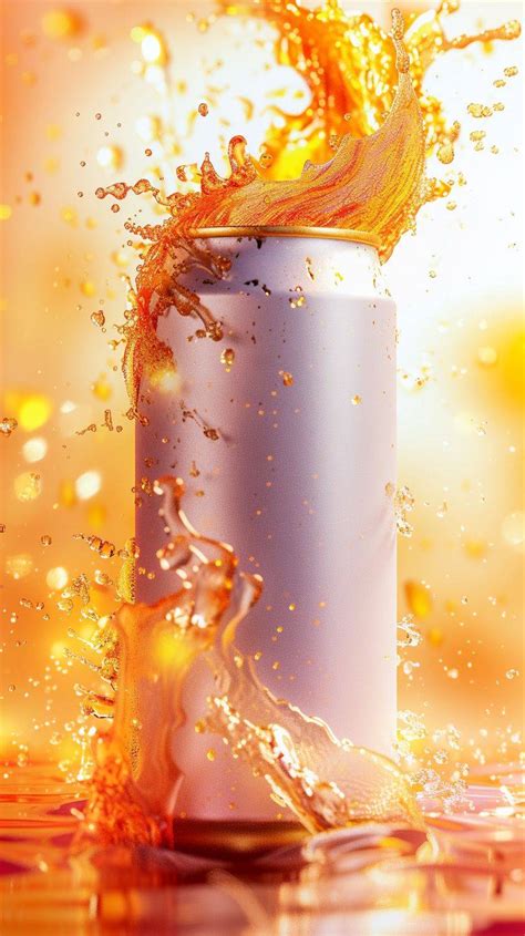 330ml 매트 화이트 알루미늄 캔의 기능성 스프리트 음료 청동 금색 뚜껑 오렌지색과 노란색 분위기 서리 같은 액체에 떠 있는 모습 네온 색상 레트로 90년대