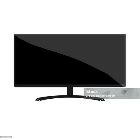스탠드에 울트라 와이드 블랙 모니터입니다 평면 디자인입니다 큰 화면입니다 컴퓨터 구성 요소입니다 흰색 배경에 고립 벡터 일러스트입니다 Led 조명에 대한 스톡 벡터 아트 및