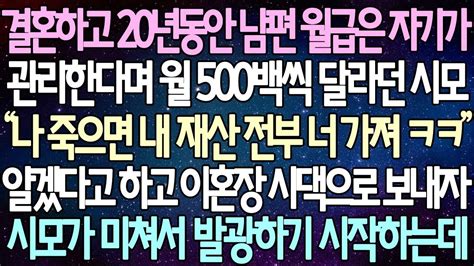 반전 사연 결혼하고 20년 동안 남편 월급은 자기가 관리한다며 월 500백씩 달라던 시모 알겠다고 하고 이혼장 시댁으로