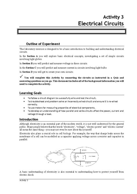 Activity 3 Notes Circuits Activity 3 Electrical Circuits Outline Of