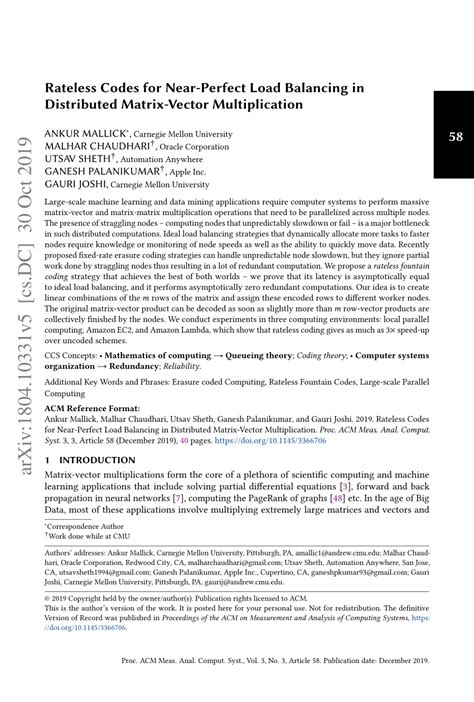 Pdf Rateless Codes For Near Perfect Load Balancing In Distributed Matrix Vector Multiplication