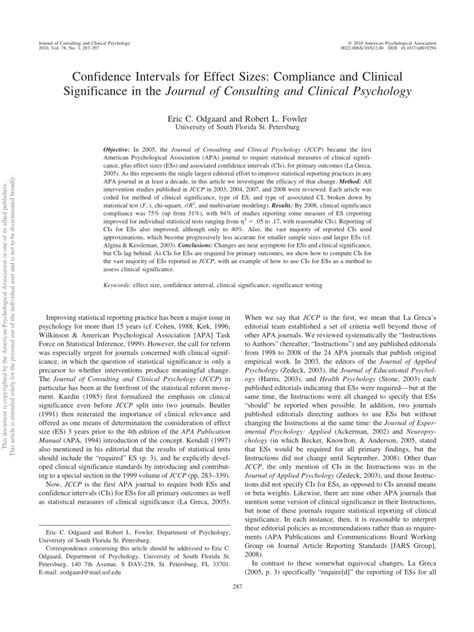 Pdf Confidence Intervals For Effect Sizes Compliance And Clinical Significance In The Journal