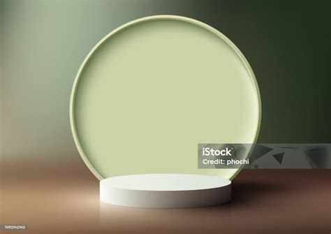 녹색 배경과 자연광에 원형 배경이 있는 3d 현실적인 빈 흰색 연단 스탠드 0명에 대한 스톡 벡터 아트 및 기타 이미지 0명