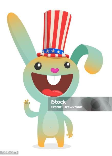 삼촌 샘 모자를 입고 재미있는 만화 토끼 토끼 미국 독립기념일의 국내 토끼 캐릭터 디자인 인쇄 포스터 또는 초대를 위한 벡터