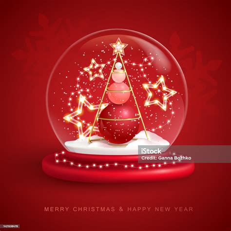 3d 플라스틱 크리스마스 트리와 크리스마스 스노우 글로브 메리 크리스마스와 새해 복 많이 받으세요 인사말 카드 벡터 일러스트 레이 션 원뿔에 대한 스톡 벡터 아트 및 기타