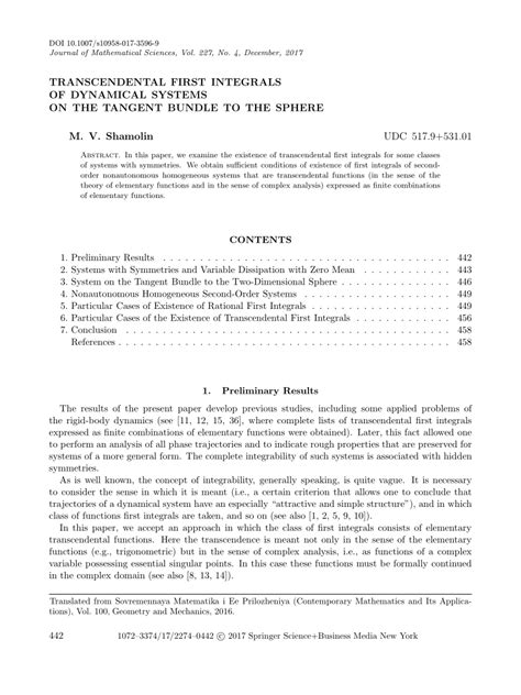 Pdf Transcendental First Integrals Of Dynamical Systems On The Tangent Bundle To The Sphere