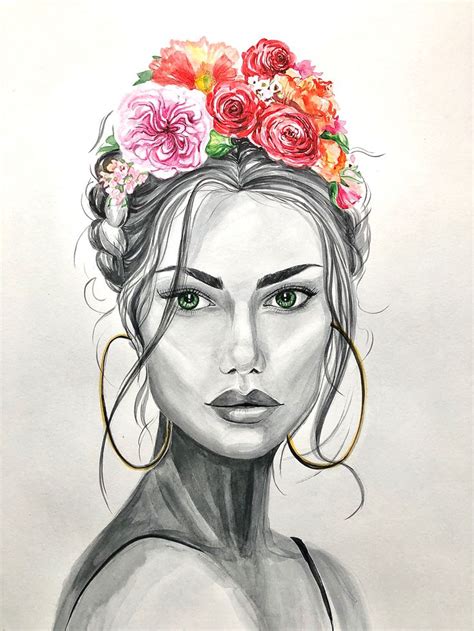 Портрет девушки с цветами в 2025 г Портрет Ромашки Акварель