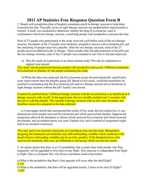 2011 AP Statistics Free Response Question Form B Typically Seven Or Eight Therapy Sessions