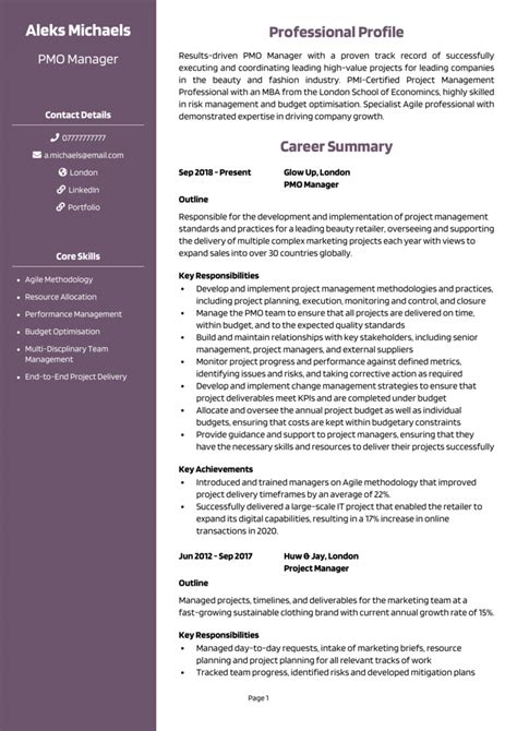 PMO Manager CV Example Guide Project Management Office