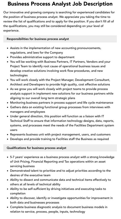 Business Process Analyst Job Description Velvet Jobs