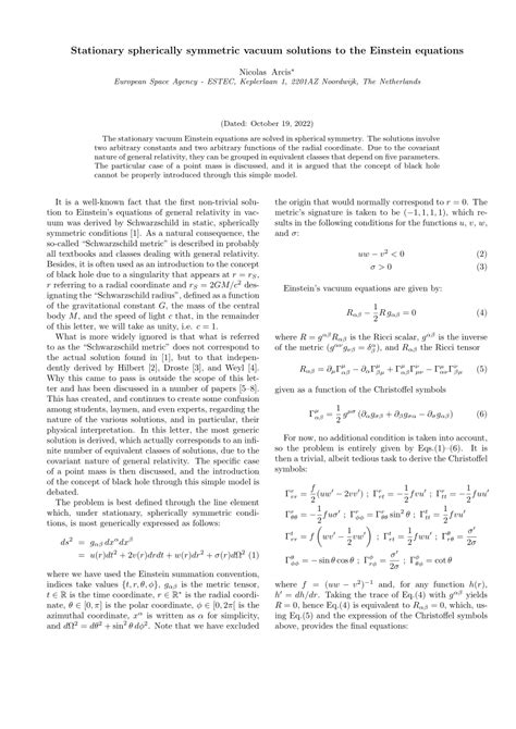 Pdf Stationary Spherically Symmetric Vacuum Solutions To The Einstein Equations