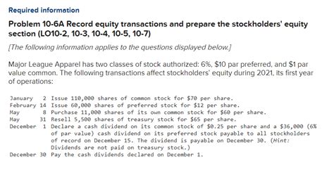 Solved Required Information Problem 10 6a Record Equity