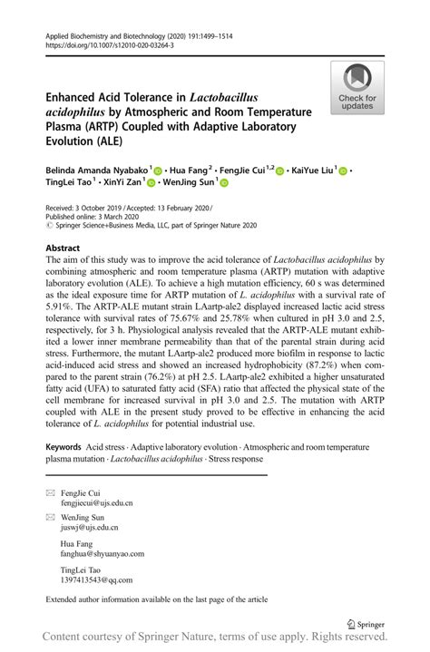 Enhanced Acid Tolerance In Lactobacillus Acidophilus By Atmospheric And Room Temperature Plasma