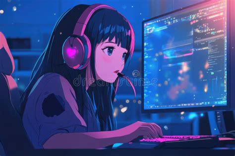 Young Woman With Headset Programming And Playing Video Games On Computer At Night Stock