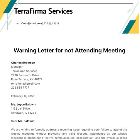 Free Warning Letter For Not Attending Meeting Template To Edit Online