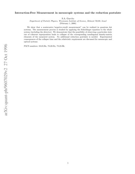 Pdf Interaction Free Measurement In Mesoscopic Systems And The Reduction Postulate