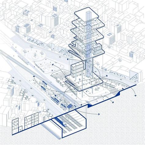Blueprint Drawing Of A Tall Building Axon Diagram Architecture