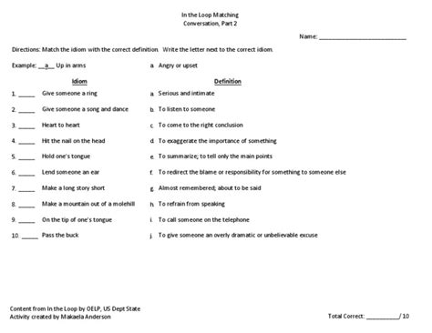 In The Loop Matching Conversations 2 Worksheets Pdf