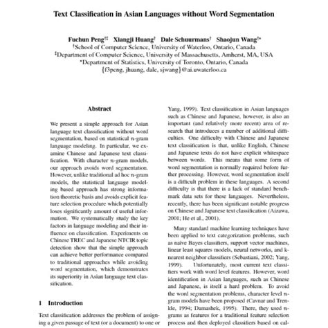 Text Classification In Asian Languages Without Word Segmentation Acl Anthology