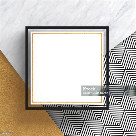 흰색 바탕에 지그재그 패턴으로 흰색 대리석 돌과 금 표면에 사각형 테두리 프레임 공간에 복사 합니다 추상적인 기하학적 구성입니다 디지털 생성 이미지에 대한 스톡 사진 및