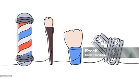 이발소 도구 세트는 한 줄로 채색된 연속 그림입니다 이발소 기둥 브러쉬 면도 브러쉬 면도날 연속 한 줄 그림 개체 그룹에 대한 스톡 벡터 아트 및 기타 이미지 Istock