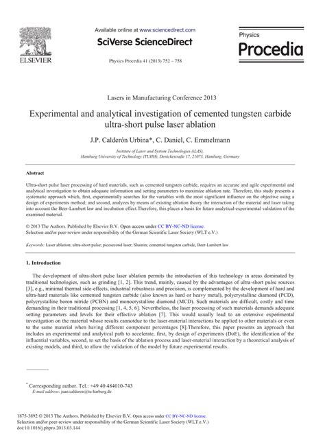 Pdf Experimental And Analytical Investigation Of Cemented Tungsten Carbide Ultra Short Pulse