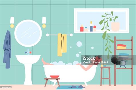 목욕하는 여자 소녀는 비누 거품과 거품으로 목욕을 쉰다 휴식 시간 차분한 생활 방식 및 위생 절차 플랫 욕실 인테리어 최근 벡터