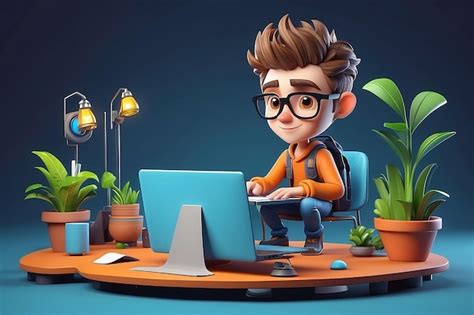 Premium Photo Cartoon 3d Character Developer Designer Working On Laptop Web App Development