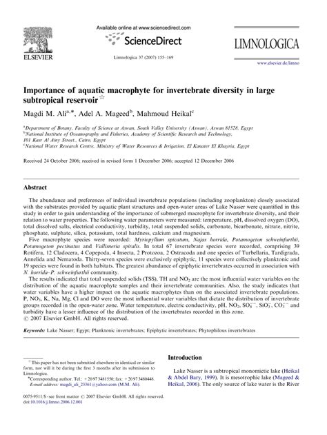 pdf impact of aquatic macrophyte for invertebrate diversity in large