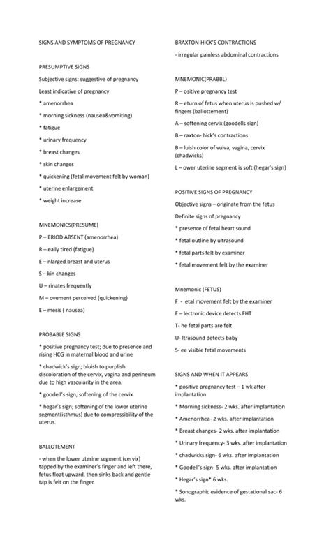 Pregnancy Signs Symptoms Study Guide