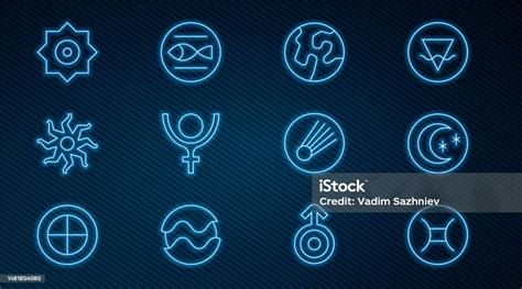 세트 라인 쌍둥이 자리 조디악 달과 별 지구 지구 기호 명왕성 태양 가을 혜성 및 물고기 자리 아이콘 벡터 가득 찬에 대한 스톡