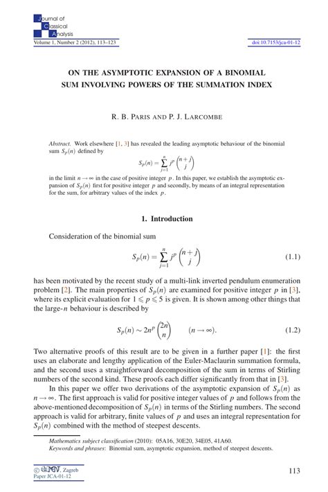 Pdf On The Asymptotic Expansion Of A Binomial Sum Involving Powers Of The Summation Index