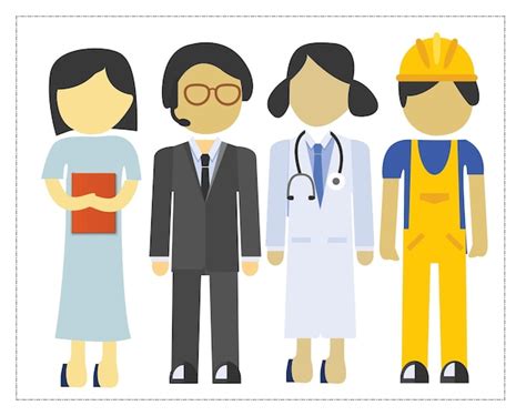 특정 유니폼을 입고 서 있는 다양한 전문가 세트 다른 직업의 아이콘 프리미엄 벡터