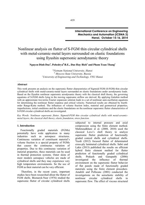 Pdf Nonlinear Analysis On Flutter Of S Fgm Thin Circular Cylindrical Shells With Metal Ceramic