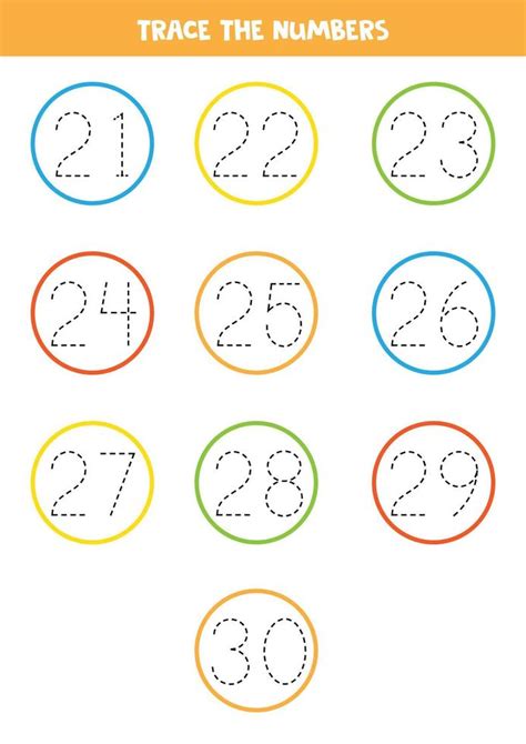 Tracing Numbers From 21 To 30 Writing Practice 6794053 Vector Art At