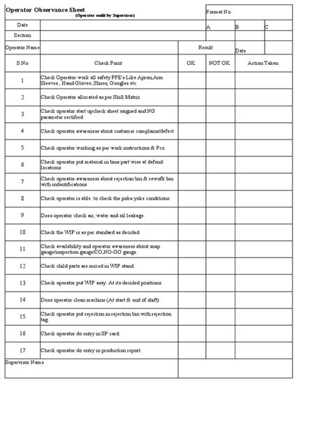 Operator Observance Sheet Pdf