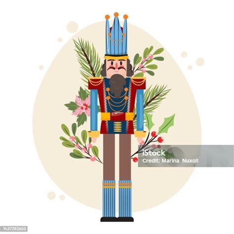 소나무 가지와 크리스마스 장식에 호두 까기 인형 휴일 귀여운 호두 까기 인형과 크리스마스 그림 호두 까는 기구에 대한 스톡 벡터