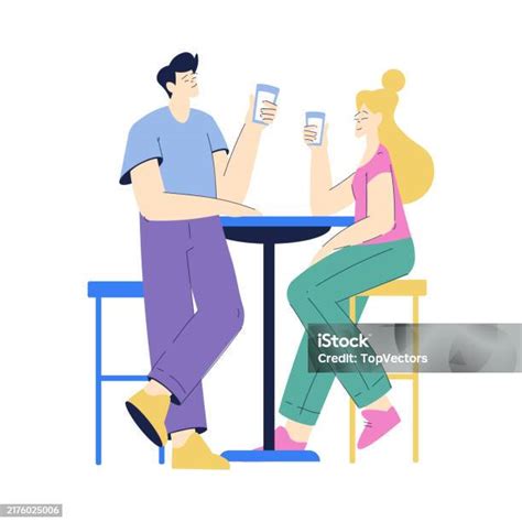 남자와 여자 와 유리 즐기는 것 감기 상쾌한 음료 벡터 일러스트 개념에 대한 스톡 벡터 아트 및 기타 이미지 개념 개성 개념 고객 Istock