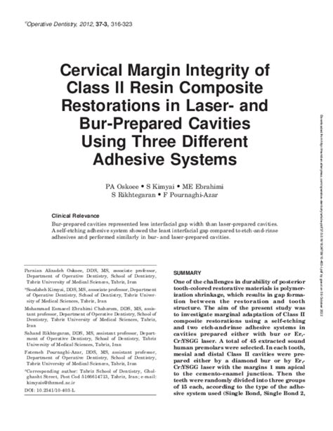 Pdf Cervical Margin Integrity Of Class Ii Resin Composite Restorations In Laser And Bur