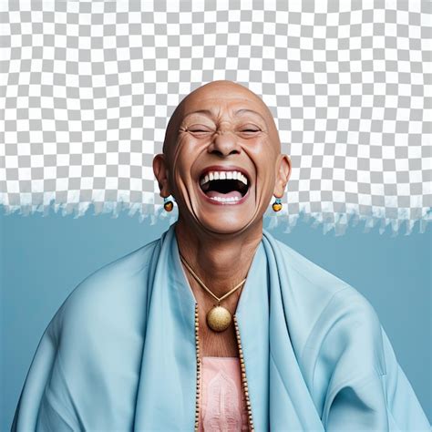 탐정 의 옷 을 입은 오스트레일리아 원주민 민족 의 ⁇ 머리 를 가진 취약 한 고령 여성 이 파스텔 파란색 배경 에 맞춰 장난스러운 웃음 스타일 로 포즈 를 취 하고 있다