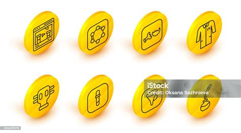 라인 테스트 튜브 및 플라스크 깔때기 또는 필터 피펫 방독면 실험실 유니폼 깨진 벤젠 링 공식 및 화학 온라인 아이콘을 설정합니다 벡터 3차원 형태에 대한 스톡 벡터 아트