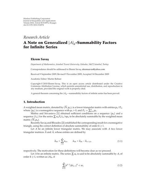 Pdf A Note On Generalized A K Summability Factors For Infinite Series