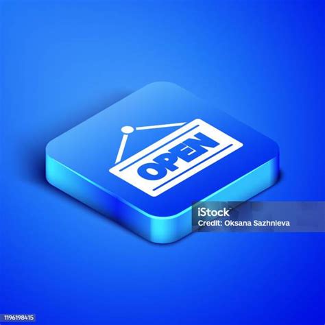 텍스트가 있는 등각칭 행잉 기호 파란색 배경에 격리된 문 열기 아이콘입니다 파란색 사각형 버튼입니다 벡터 일러스트레이션 개념에 대한 스톡 벡터 아트 및 기타 이미지 Istock