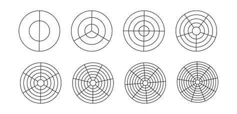 극좌표 그리드로 나뉜 템플릿 세트입니다 레이더 원형 그래프 화면 동심원이 있는 그리드 다이어그램 차트 동심성에 대한 스톡 벡터